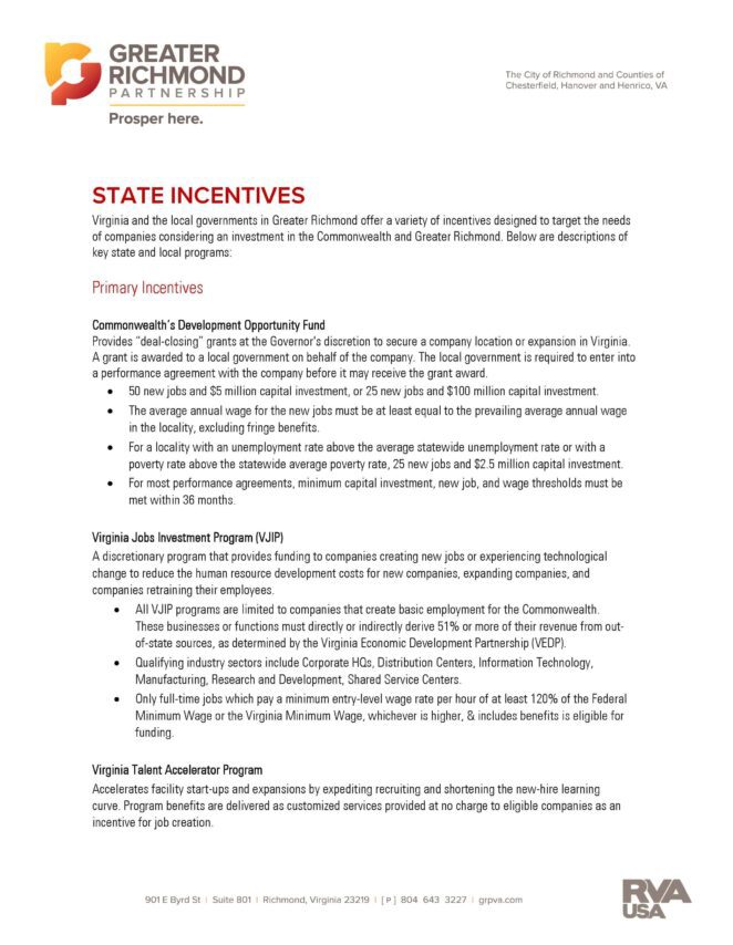 Taxes + Incentives | Greater Richmond Partnership | Virginia | USA